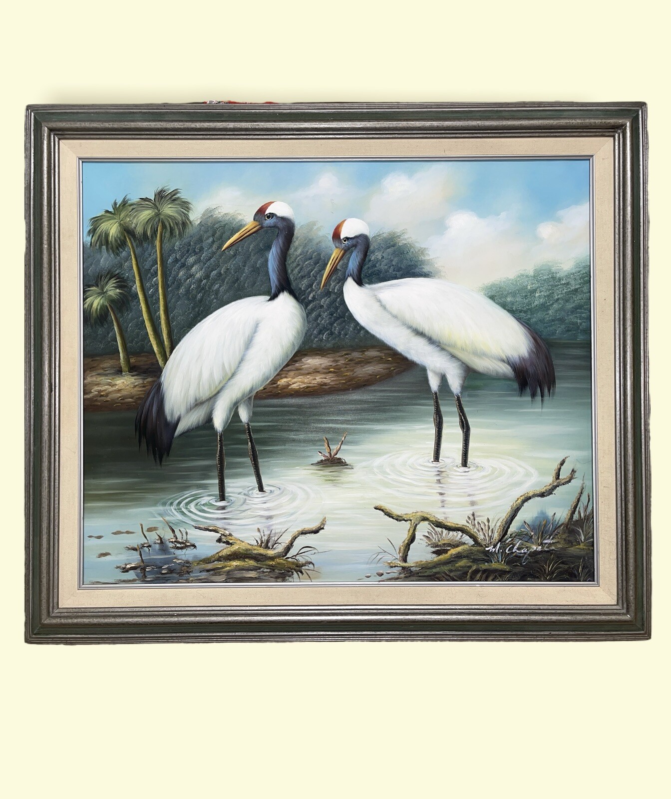 Great Red Headed Heron Oil Painting by M Chapot 24”x20” Canvas | eBay