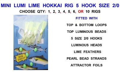 DFT MINI LUMI LIME HOKKAI RIG 5 HOOK 2/0 SEA FISHING LURES COD MACKEREL ...