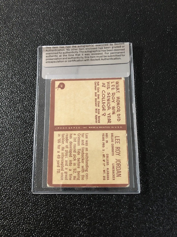 Lee Roy Jordan Beckett BAS Vintage Signed 1967 Philadelphia Gum Rookie ...