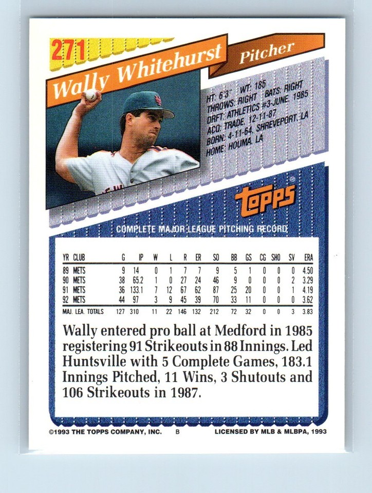 1993 Topps Straight from the pack!!! Wally Whitehurst New York Mets ...