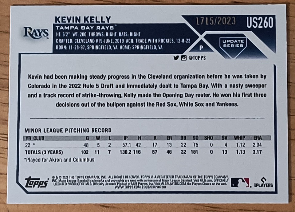 2023 Topps Update Kevin Kelly RC US260 Gold Tampa Bay Rays /2023 | eBay