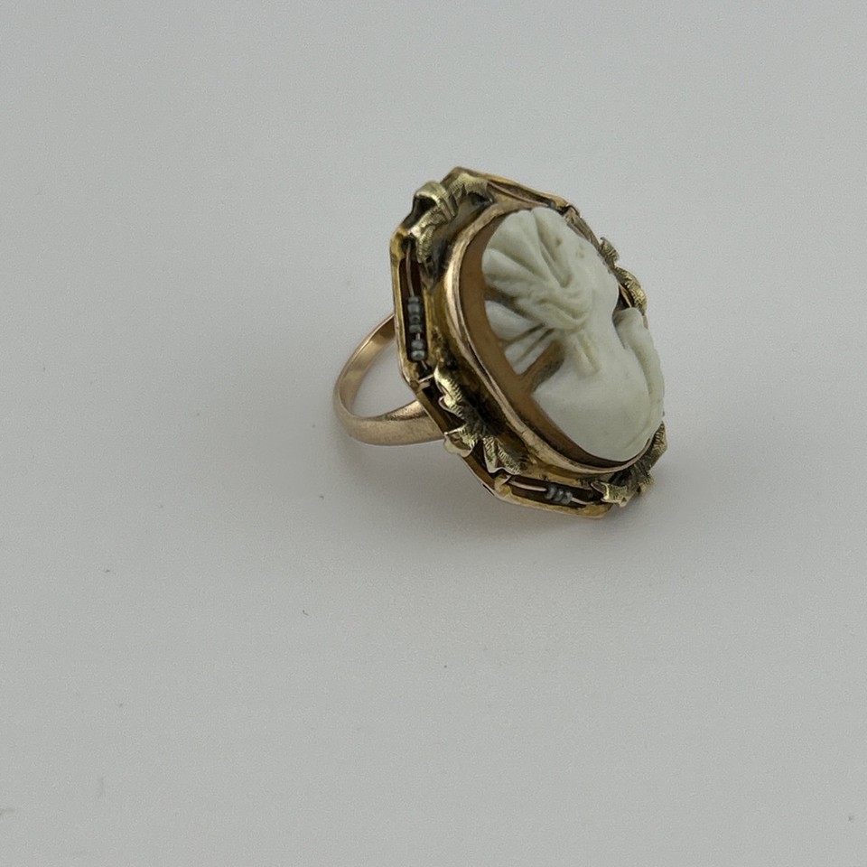 Antique 14K Yellow Gold Victorian Cameo Ring with Seed Pearls Approx ...