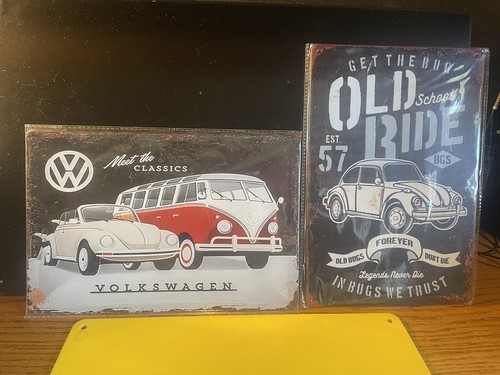 2-VOLKSWAGEN BUS 8”TALL 12”WIDE METAL SIGNS NIP FOR SHOP-OFFICE RARE ...