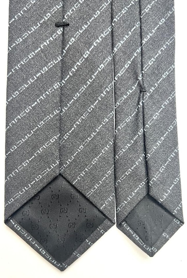 Gucci Neck Tie New Unused Skinny Black Gray Stripe 100%Silk Made in ...