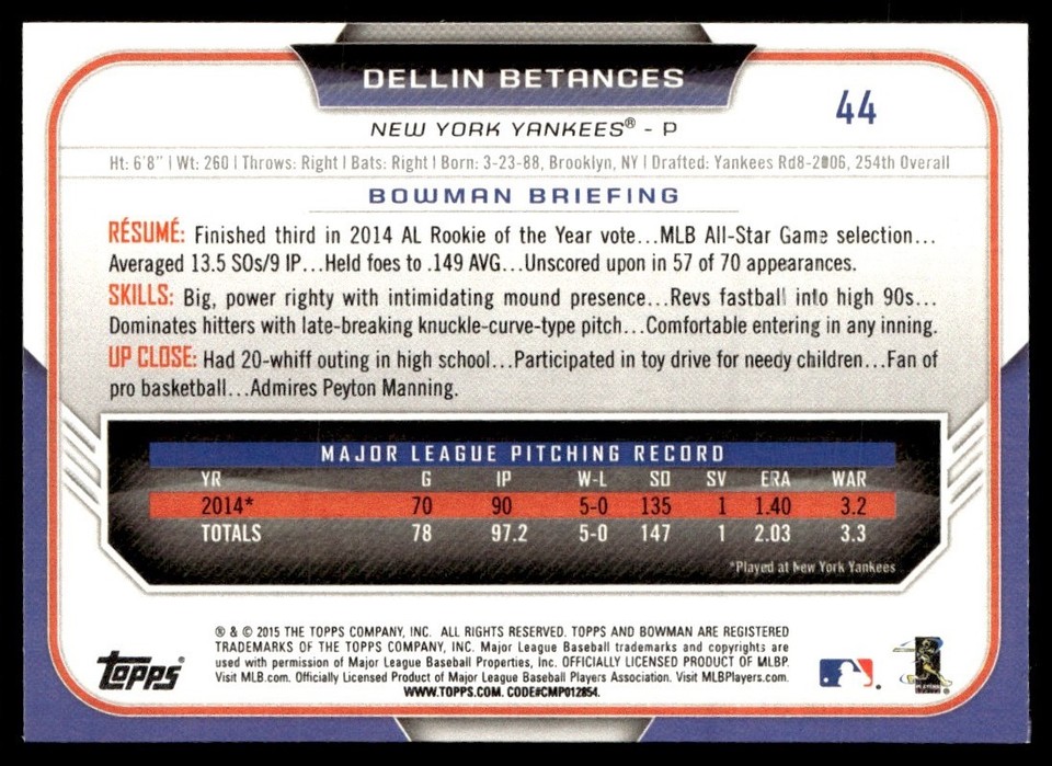 2015 Bowman Dellin Betances New York Yankees #44 | eBay
