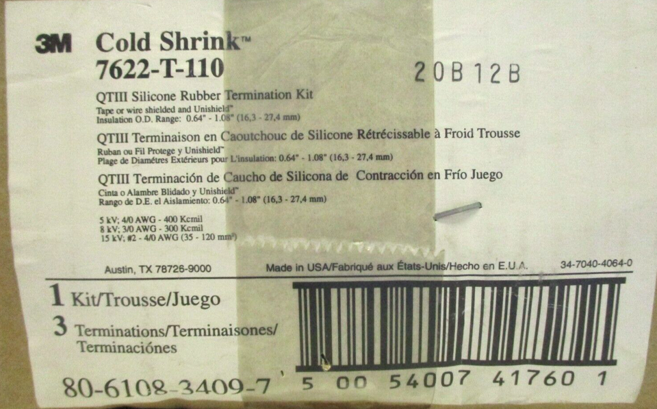 3M QTIII SILICONE TERMINATION KIT P/N:7622-T-110 3 TERMINATIONS COLD ...
