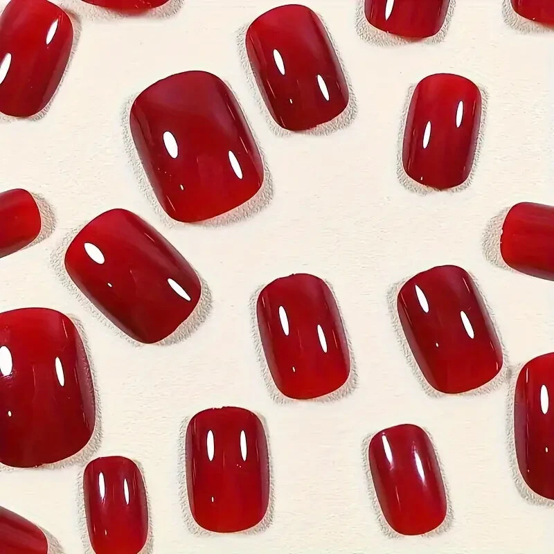 24pcs Glossy Red Press-On Nails Set Short Square Solid Color Women ...