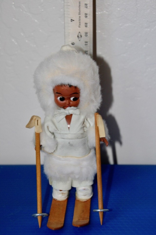 Inuit Eskimo Doll Skiing w/Fur, Leather, Wooden Skis and Poles Almost 6 ...