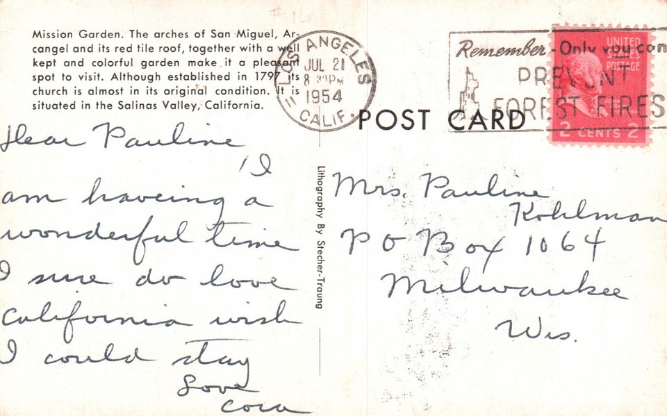 Postcard CA Salinas Valley San Miguel Mission Garden 1954 Chrome ...