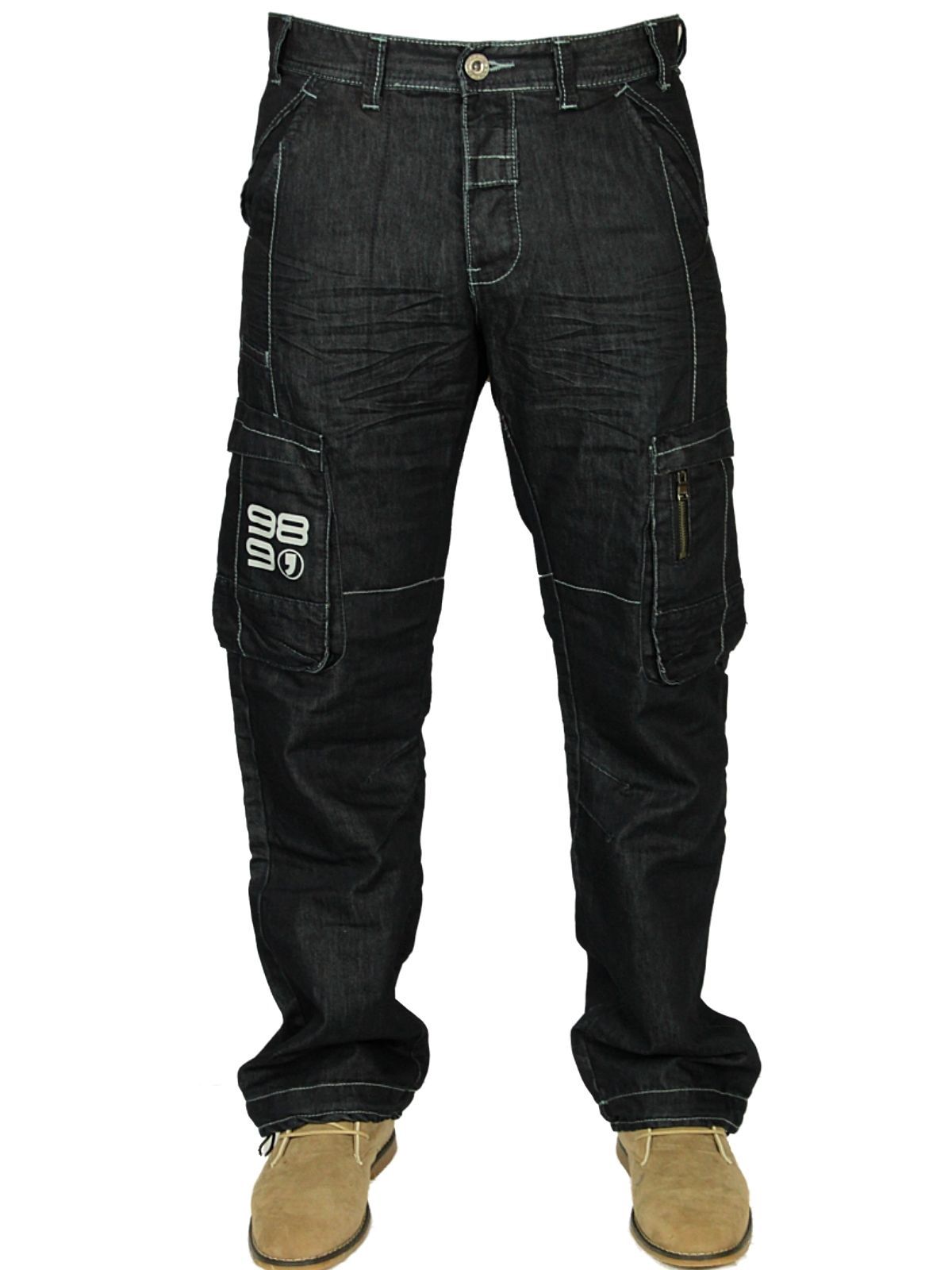 New ENZO Mens Designer Cargo Combat Blue Black Denim Jeans Pants All ...