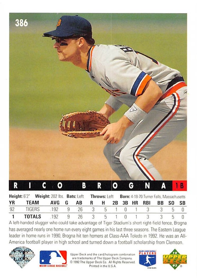 Rico Brogna 1993 Upper Deck 386 Detroit Tigers Baseball Card | eBay UK