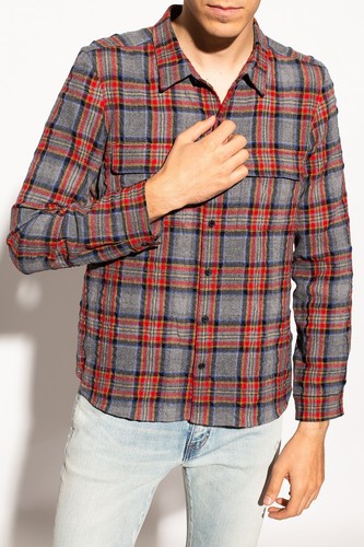New Saint Laurent YSL Gray Red Check Print Western Crop Flannel Shirt ...