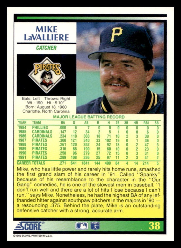 1992 Score #38 Mike LaValliere | eBay
