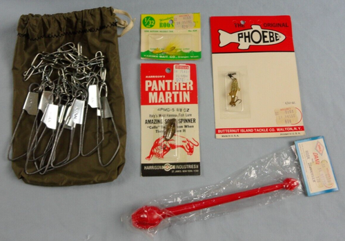 LOT VINTAGE FISHING TACKLE METAL CHAIN STRINGER 3 NEW LURES & HOOK ...