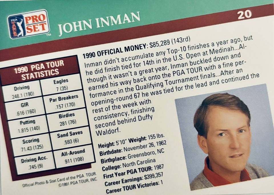 Brand New: Vintage 1991 PRO SET PGA Tour John Inman Trading Card | eBay