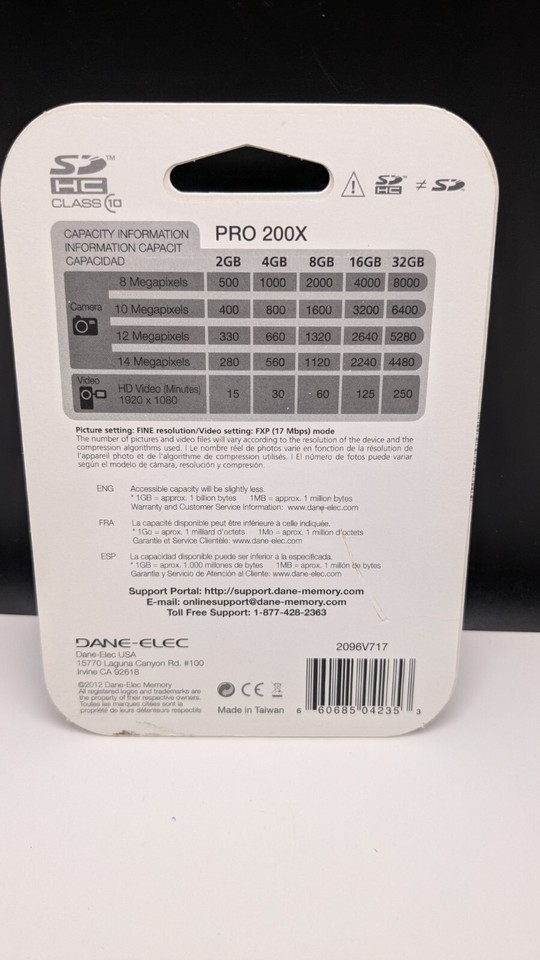Camera Memory Card Dane Elec SD Pro 200x 8GB New In Package | eBay