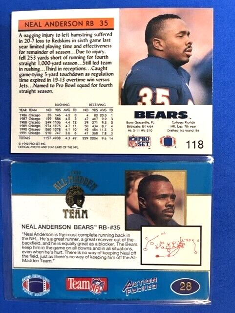 NFL - Neal Anderson 1992 Pro Set & 1992 Hi-Pro Action Packed All Madden ...