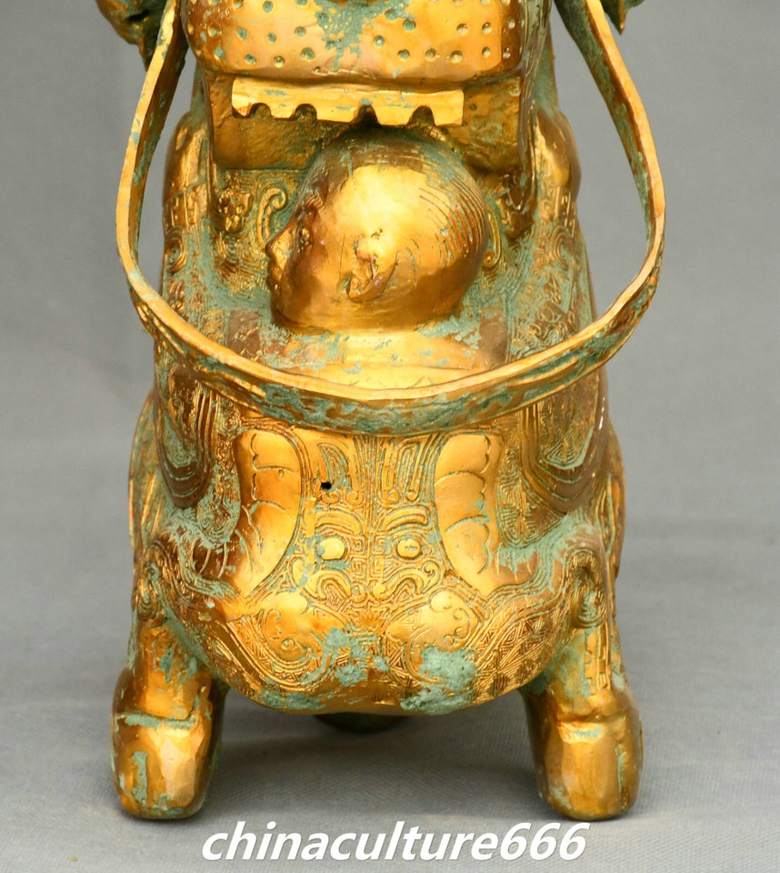 11" China Dynasty Bronze Ware Gilt Horse Dragon Bear Child Beast Face ...
