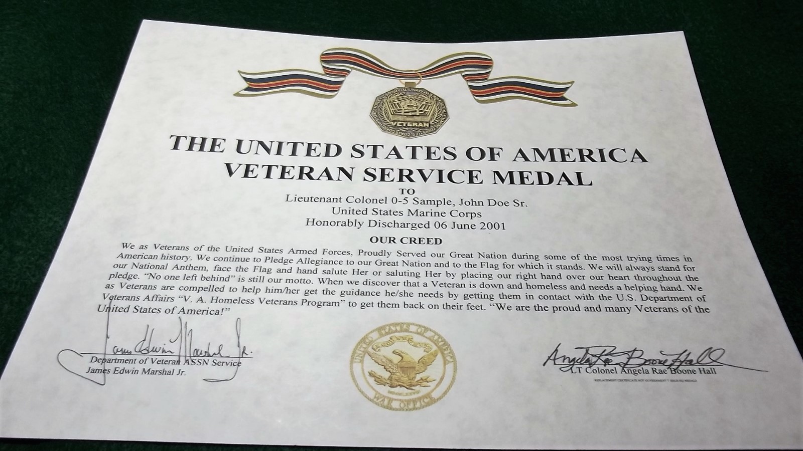 THE VETERAN SERVICE MEDAL CERTIFICATE Army | Grelly USA