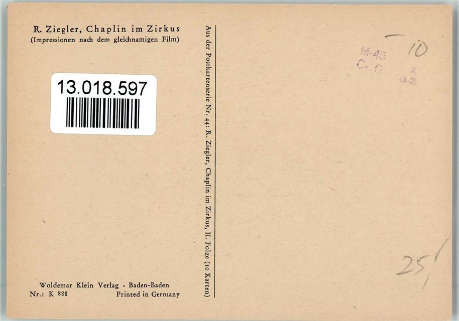 13018597 - No. 888 Artist Card - Series No. 44 R. Ziegler, Chaplin in ...