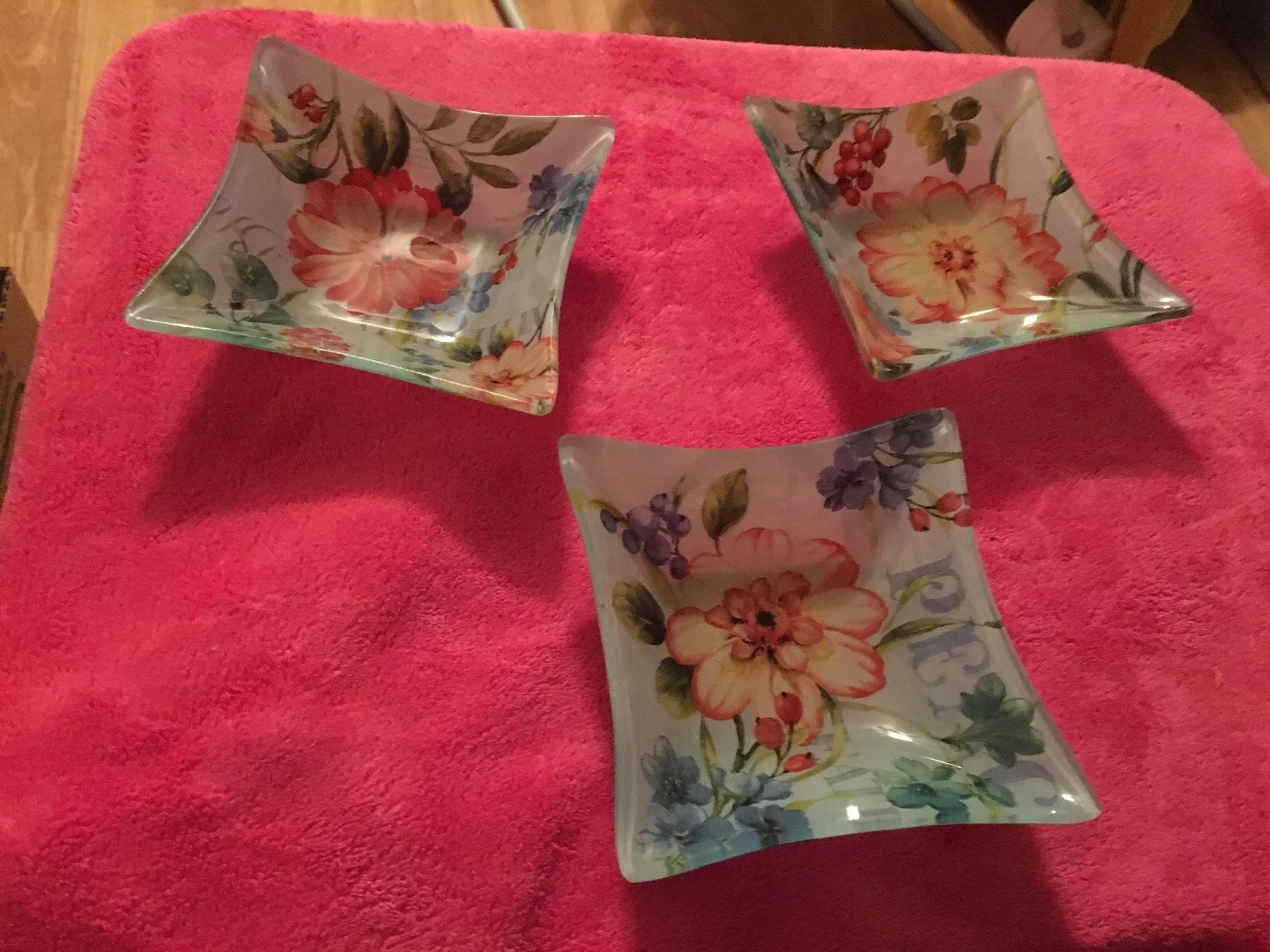 PRIMA DESIGN square 5" bowls art glass blue floral set of 3 fruit ...