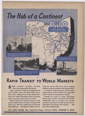 1946 OhiO Power Co. Ad: The Hub of the Continent - Utility Service Map ...