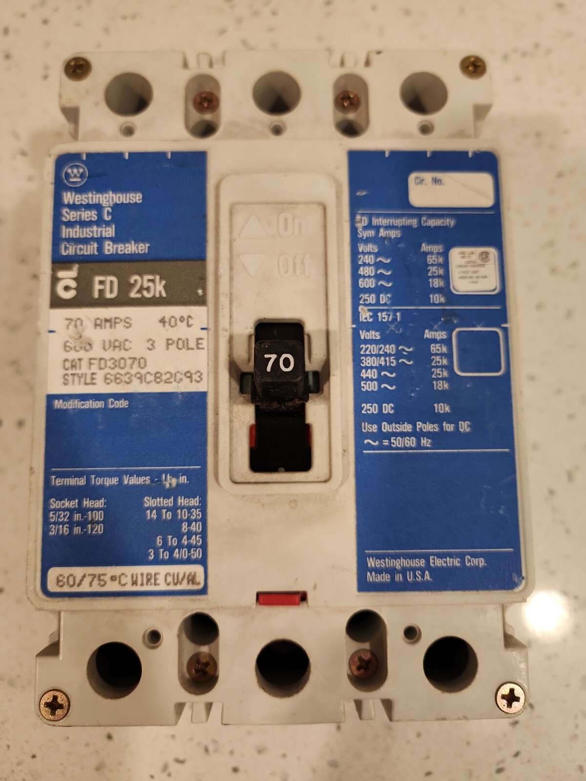 #109 Eaton FD3070 Industrial Circuit Breaker FD 35k 70A 3-Poles 600V | eBay