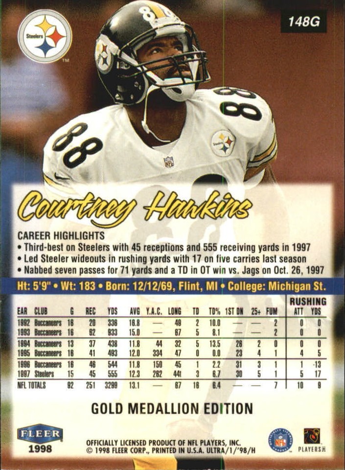 1998 Ultra Gold Medallion Steelers Football Card #148G Courtney Hawkins ...