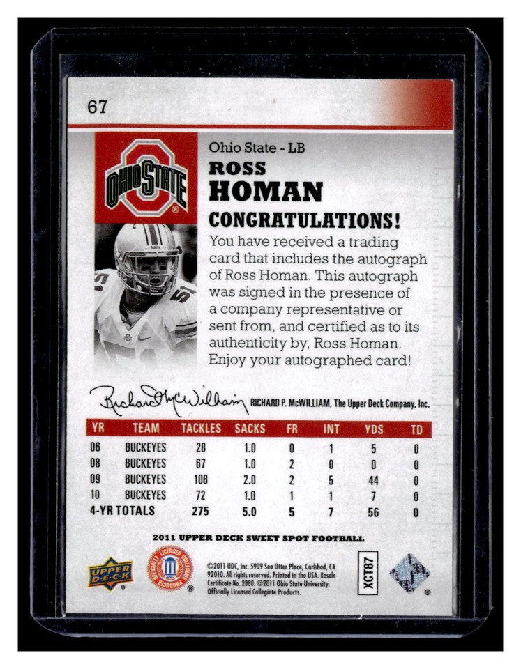 Ross Homan 2011 Upper Deck Sweet Spot AUTOGRAPH OHIO STATE | eBay