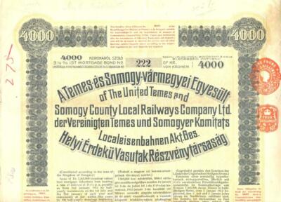 1913 United Temes & Somogy Country Local Railways Co - Hungary railroad ...