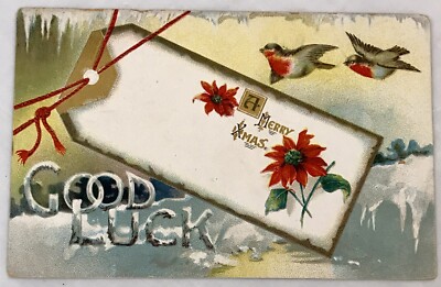 Antique Christmas Postcard Good Luck! Christmas Tag & Birds | eBay