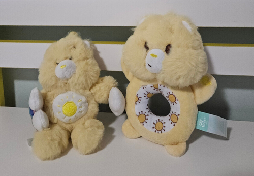 CAREBEARS RESOFTABLES RATTLE AND TEDDY FUNSHINE 14 AND 16CM YELLOW CARE ...