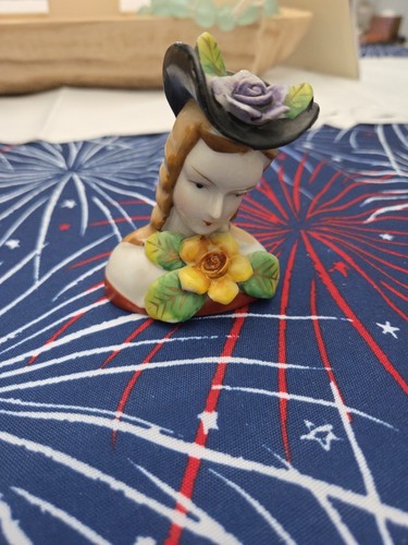Vintage Ceramic Lady Head Bust Figurine Victorian Hat Flowers Signed MK ...