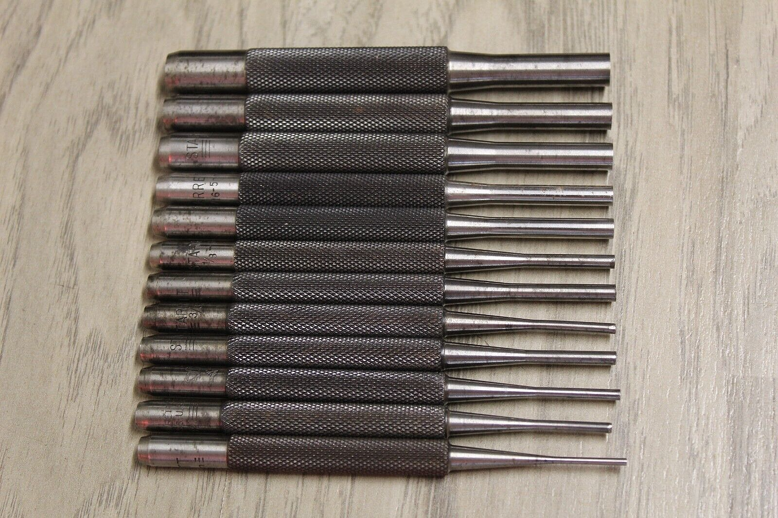READ Lot Of 12 Starrett 4" Pin Punches 5/16, 1/4, 3/16, 5/32, 1/8, 3/32 ...