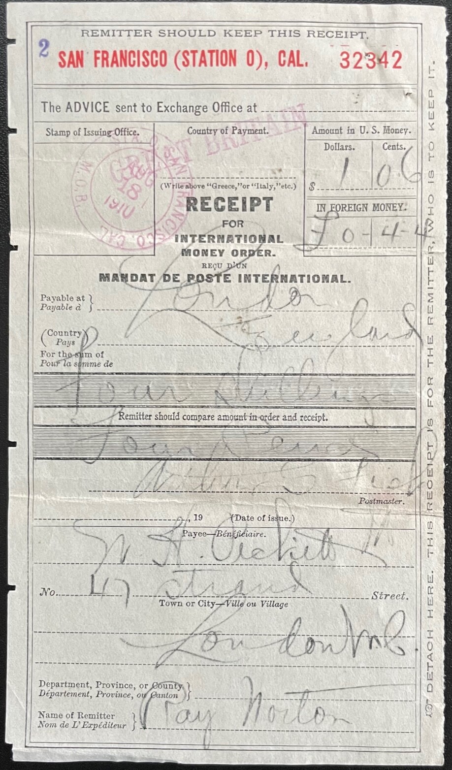 1910 US Receipt for Intl Money Order, San Francisco(station O) to Great ...