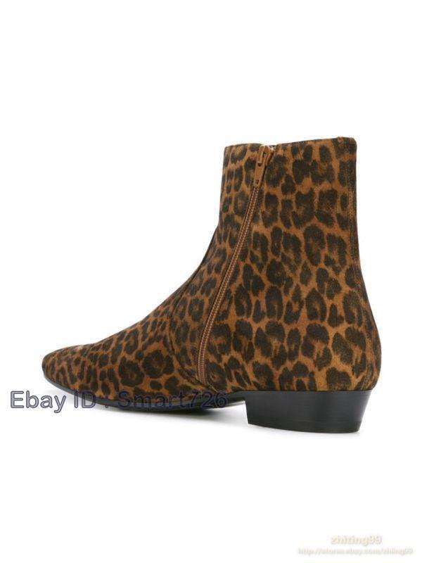 Occident Mens Leopard Block Heel Ankle Boot Chelsea Leather Real Suede ...