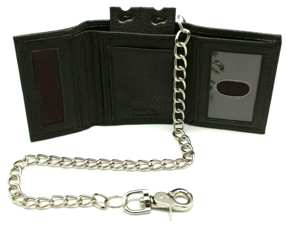 RFID Leather Trifold Chain Wallet & without chain Snap closer Hidden ...