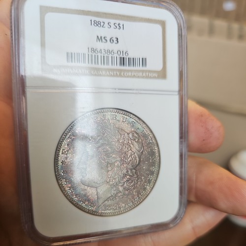 1882-S NGC MS63 TONED MORGAN DOLLAR RED AND BLUE TONING SILVER DOLLAR ...