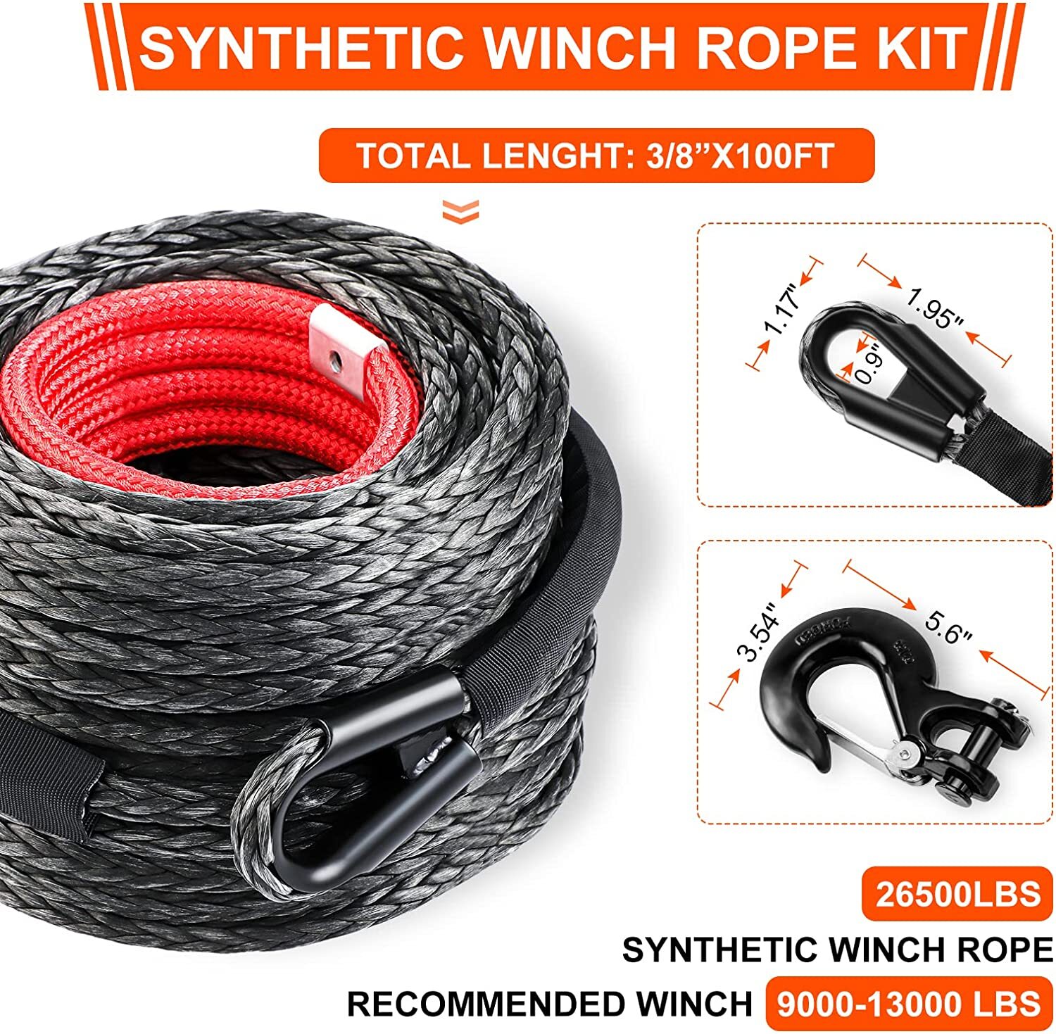 26500lbs 3/8"x100ft Advanced Synthetic Winch Rope Winch Cable w/Hook ...