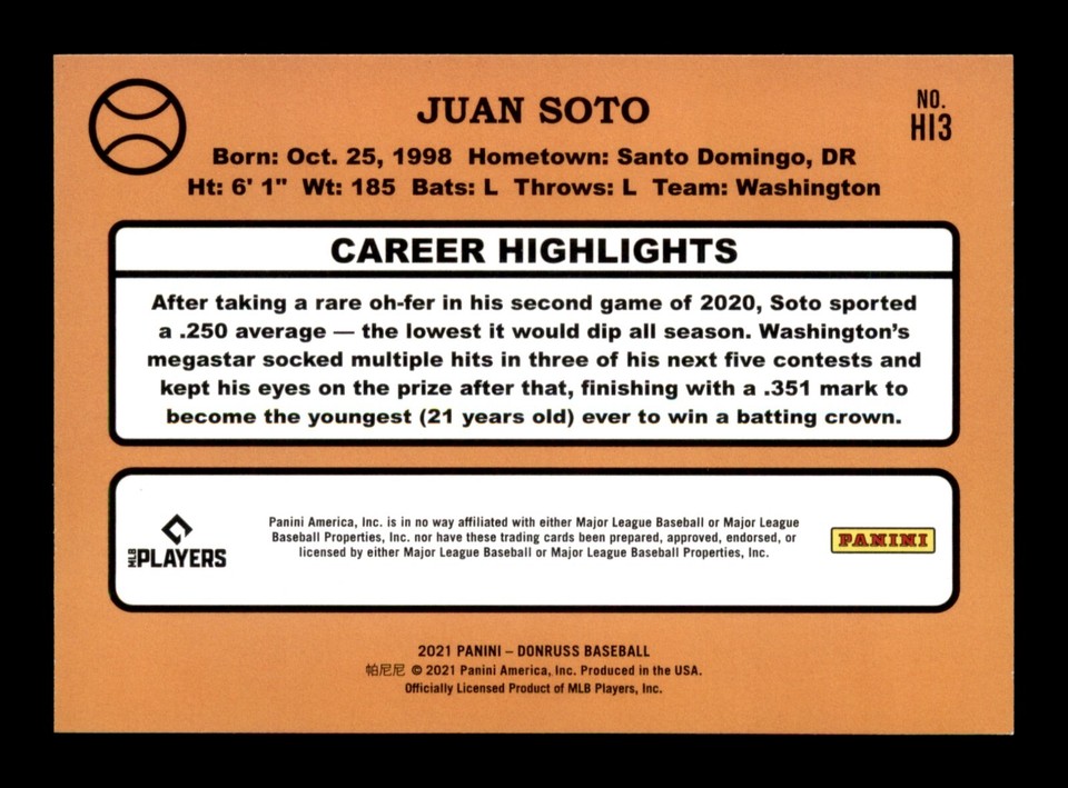 2021 PANINI DONRUSS Silver Rapture Highlights JUAN SOTO #H13 Nationals ...