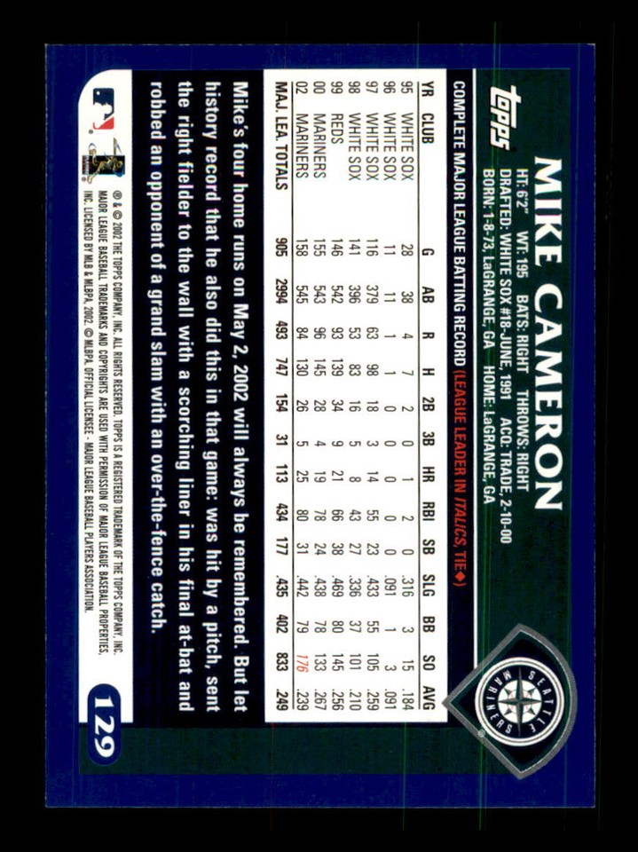 2003 Baseball Topps Mike Cameron Seattle Mariners #129 | eBay