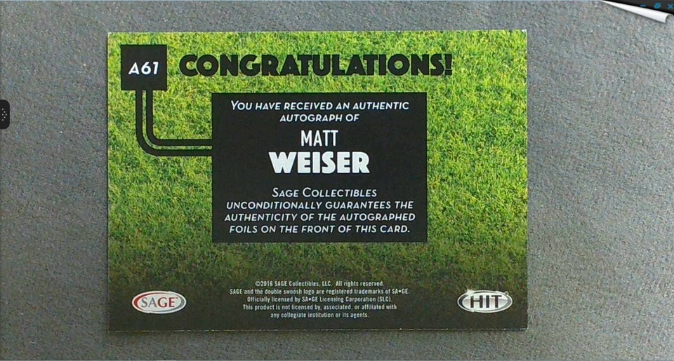 2016 Sage Hit Autograph #A61 Matt Weiser | eBay