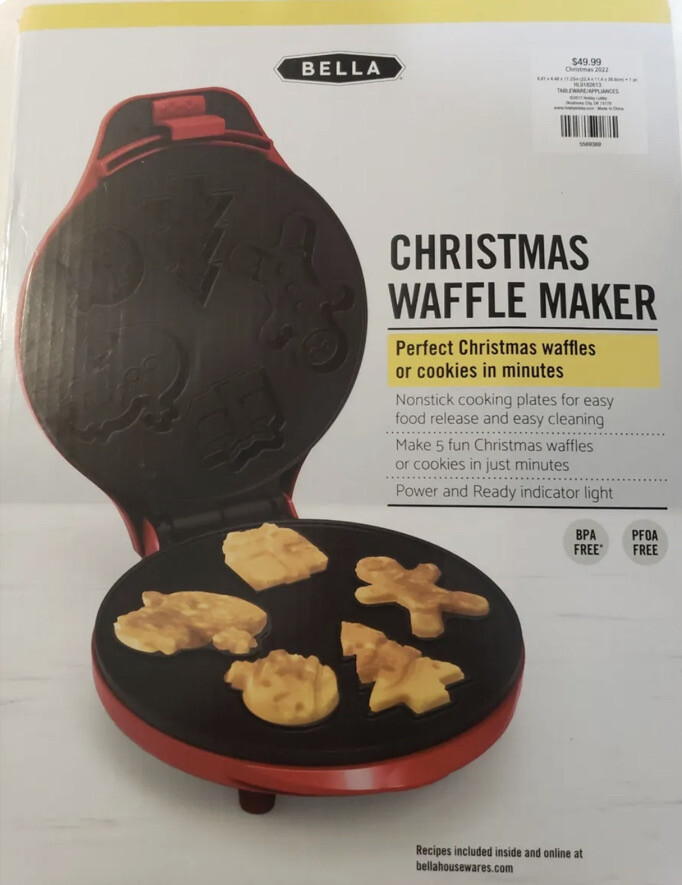 NEW! LARGE BELLA CHRISTMAS WAFFLE-MAKER (MAKES 5 MINI-WAFFLES/COOKIES ...