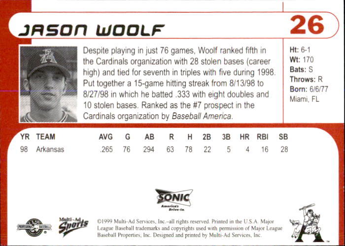 1999 Arkansas Travelers Multi-Ad #26 Jason Woolf Miami Florida FL ...