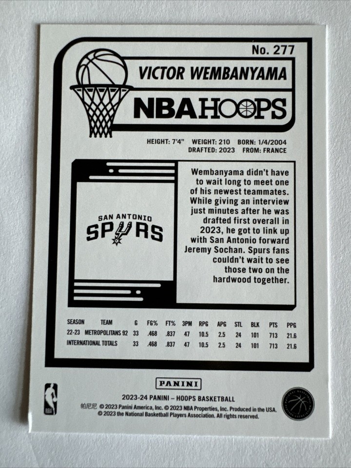 VICTOR WEMBANYAMA ROOKIE CARD 2023 NBA Hoops #277 Basketball WEMBY ...