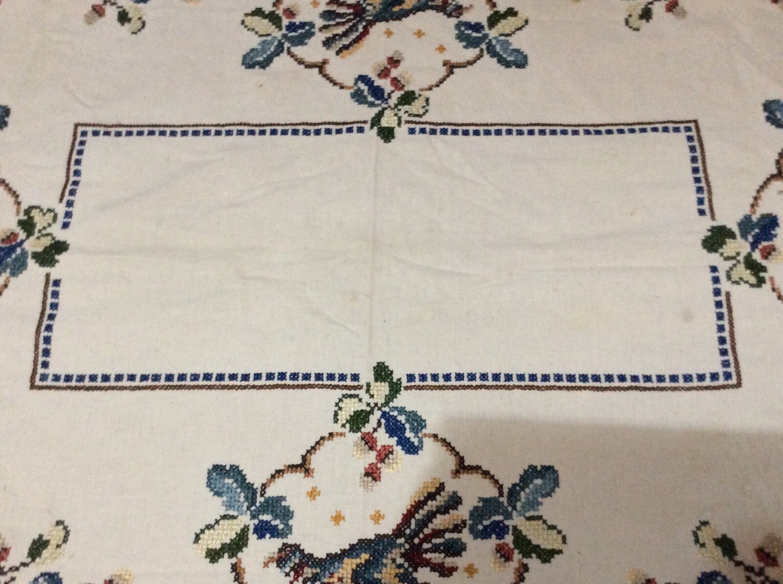 Vintage Embroidered / Cross Stitch Deer & Turkey Tablecloth Crochet ...