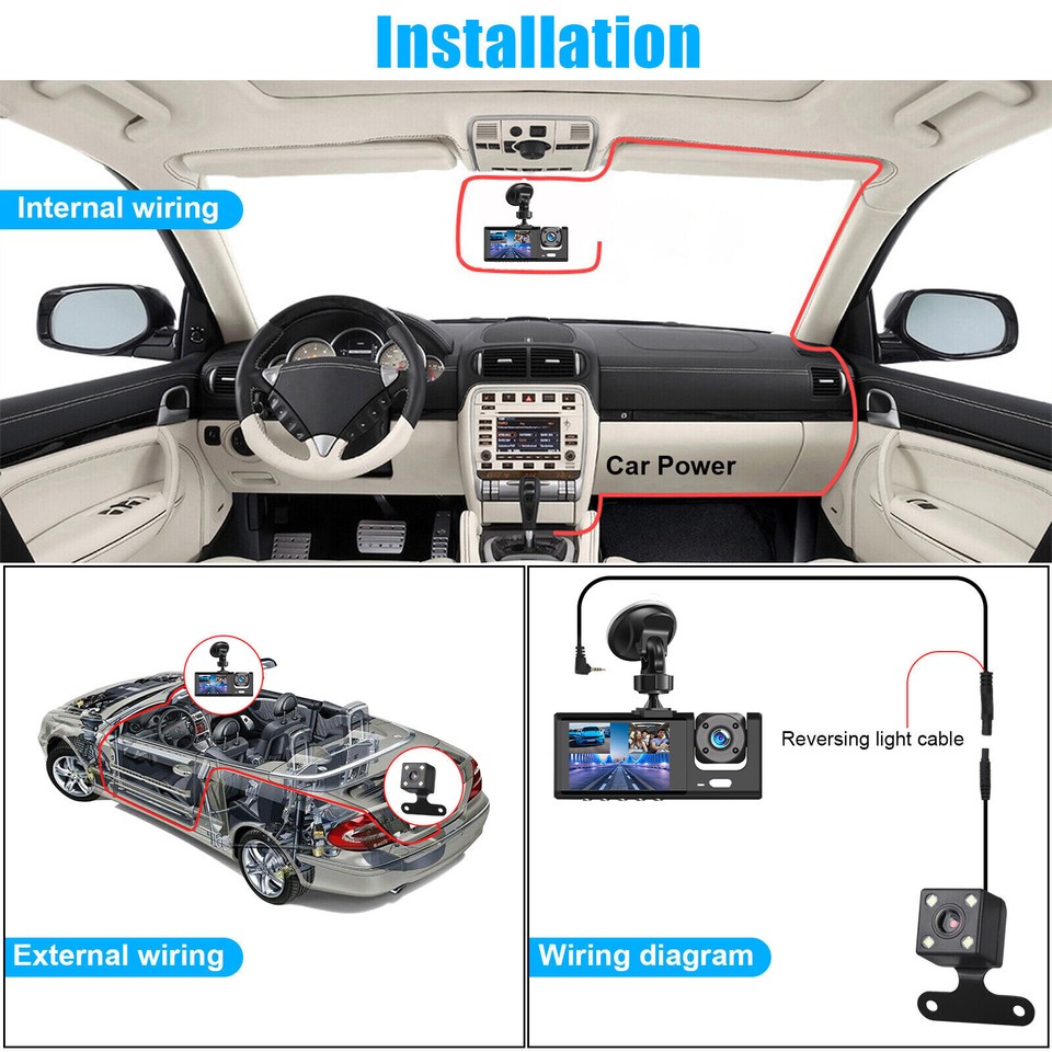 3 Lens Car DVR Dash Cam 1080P Front/Inside/Rear Camera Video Recorder G ...