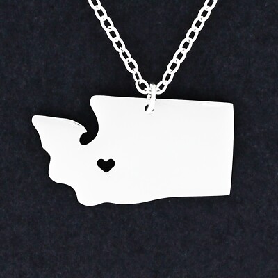 WASHINGTON STATE Necklace - Stainless Steel Charm Pendant Open Heart WA ...