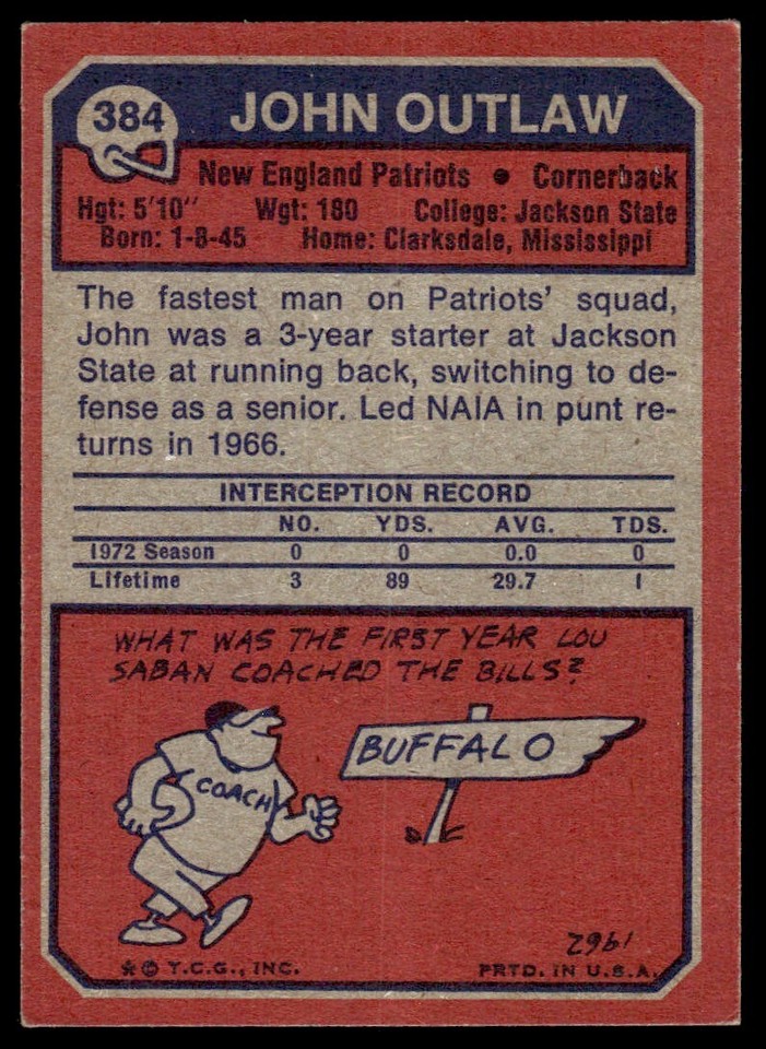 1973 TOPPS JOHN OUTLAW 2 RC NEW ENGLAND PATRIOTS #384 | eBay