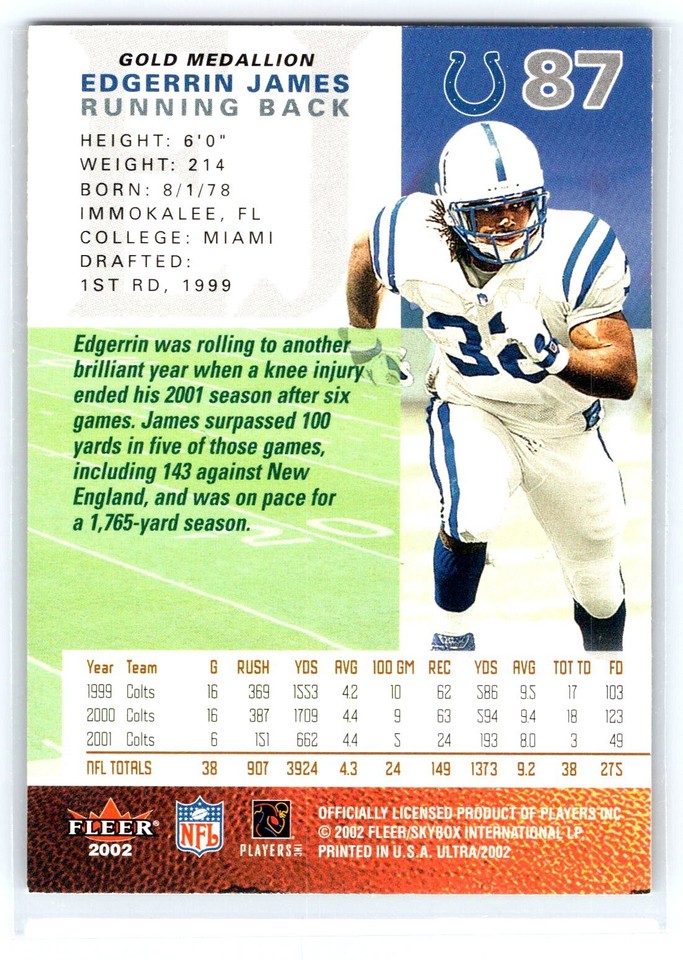 2002 Ultra #87 Edgerrin James Gold Medallion Near mint or better | eBay